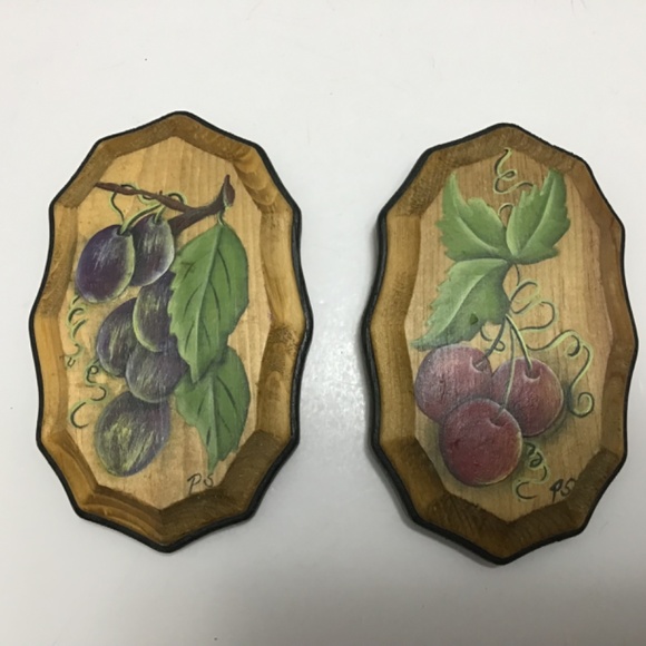 Accents | Hand Painted Fruit Wood Plaques Set Of 2 Cherries Grapes ...
